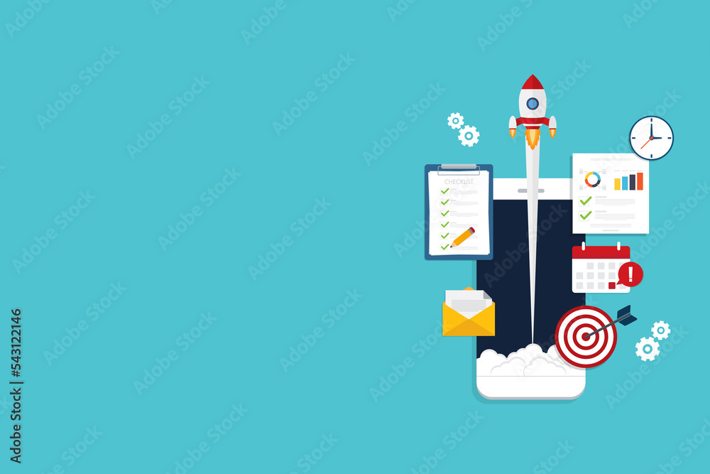 App launch. Startup vector concept, flat cartoon rocket or rocketship ...