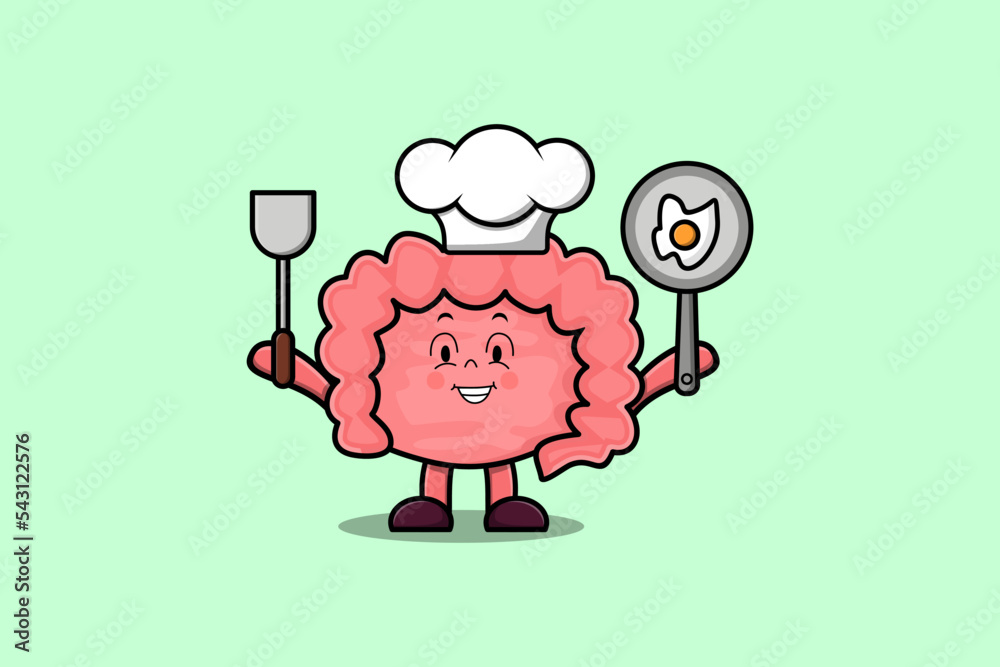 Cute cartoon Intestine chef character holding pan and spatula in flat ...