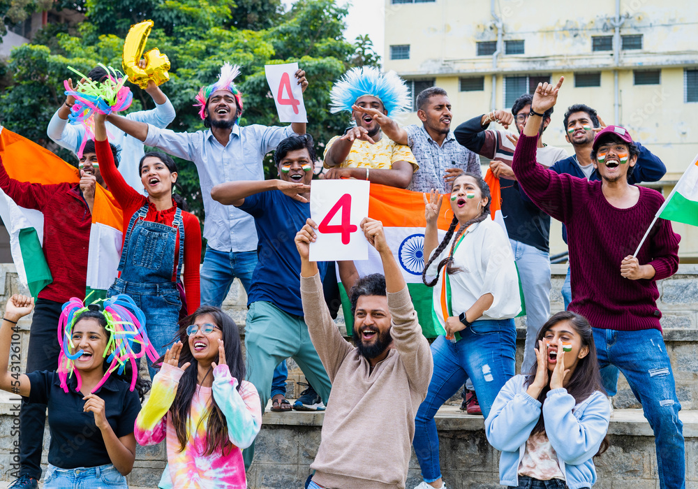 Group of people with four sign board and indian flags shouting and ...
