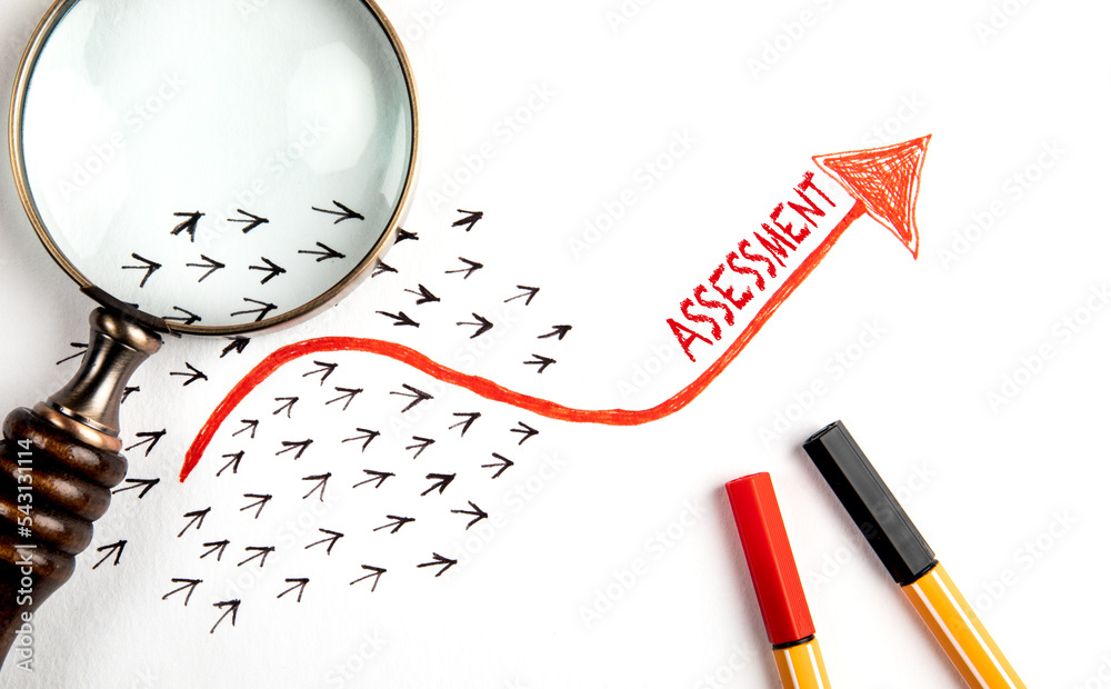 Assessment. Development arrow and followers. Magnifying glass on a ...