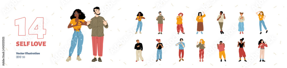 Young people showing self-love emotions, flat vector illustration set ...