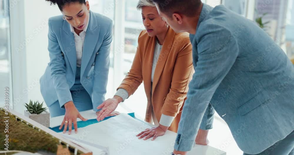 Blueprint, meeting and architects planning a design for building ...