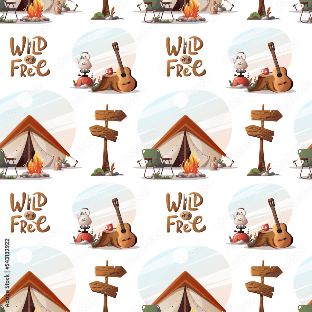 Seamless pattern with tent, guitar, campfire. Camping, traveling, trip ...