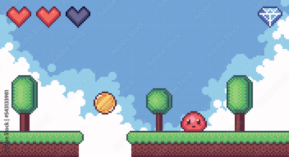 Scene with coins, slime monsters on pixel platform. Retro interface and ...