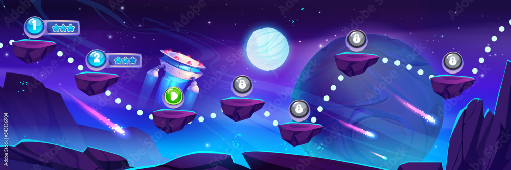 Space game level map with ufo saucer fly over the rock platforms on ...
