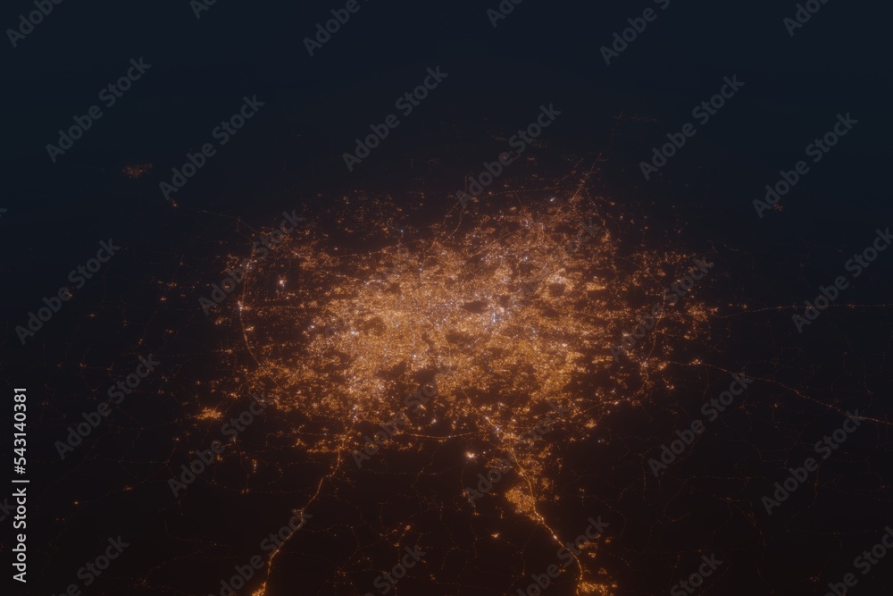 Aerial shot on Hyderabad (India) at night, view from east. Imitation of ...
