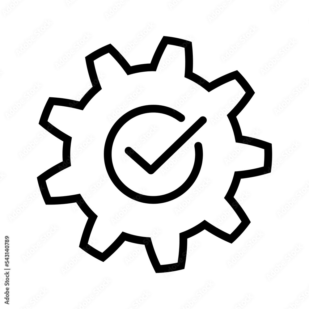 Gear with check line icon in flat. Cogwheel with tick sign. Successful ...