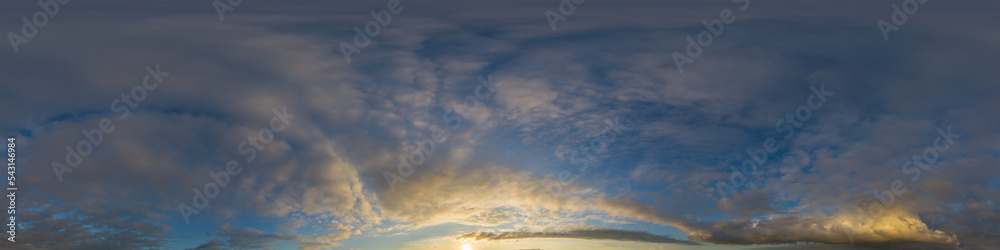 Dramatic sunset sky panorama with Cumulus clouds. Seamless hdr 360 pano ...