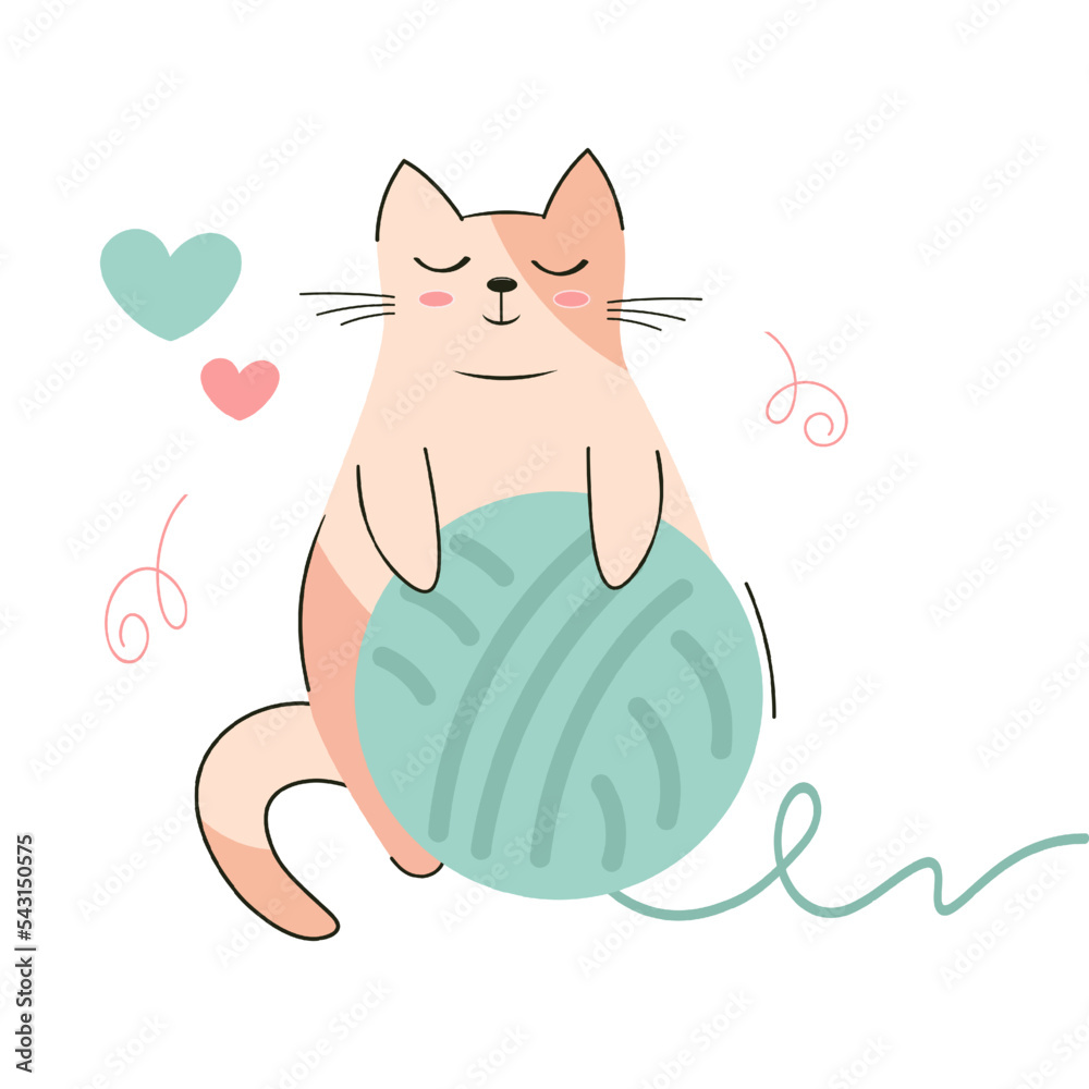 Cute cat with knitting ball. Red important cat with knitting yarn ...