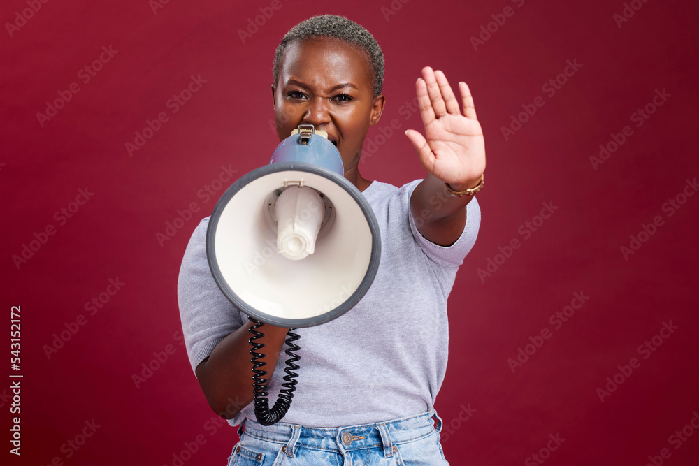 Black woman, protest and shouting with megaphone for voice, strike or ...