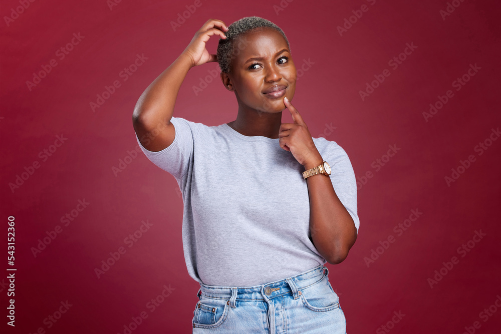 Thinking, idea and confusion of a black woman model from Africa scratch ...