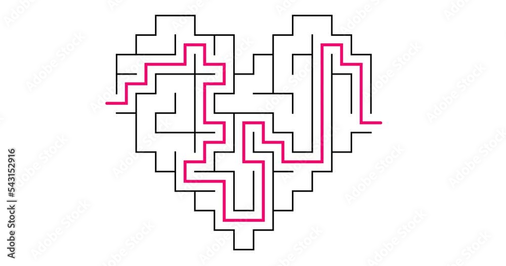 4k animated heart shaped maze on transparent background with red path ...