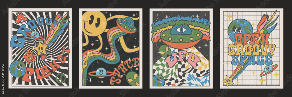 groovy posters of the 90s. Cartoon psychedelic style. Bright hippie and ...