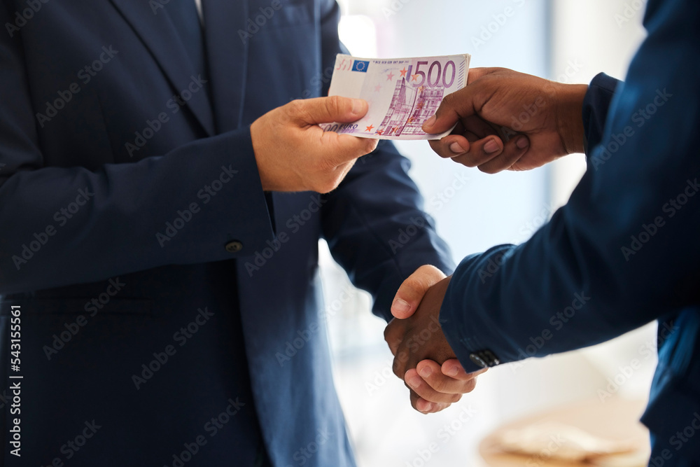 Business fraud, corruption handshake and money deal, scam and criminal ...