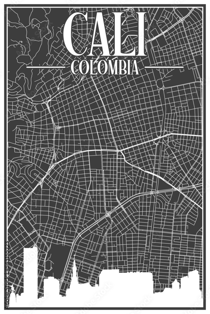 Black vintage hand-drawn printout streets network map of the downtown ...