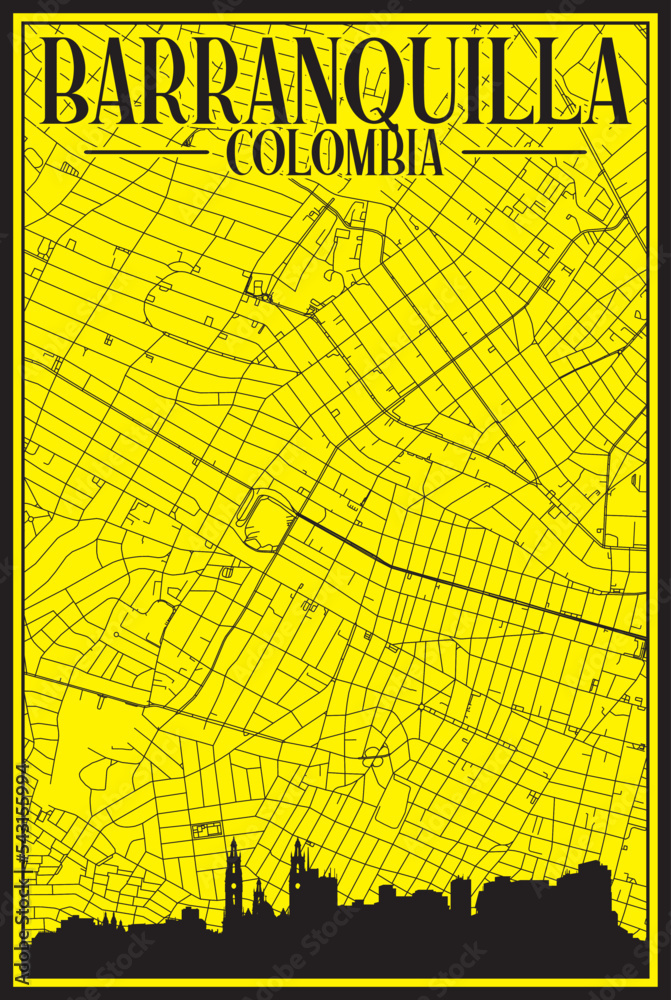 Yellow vintage hand-drawn printout streets network map of the downtown ...