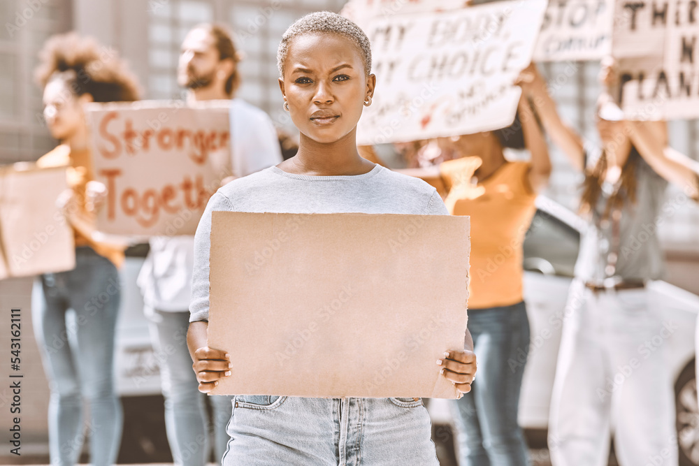 Protest, sign and mockup with a black woman activist holding cardboard ...