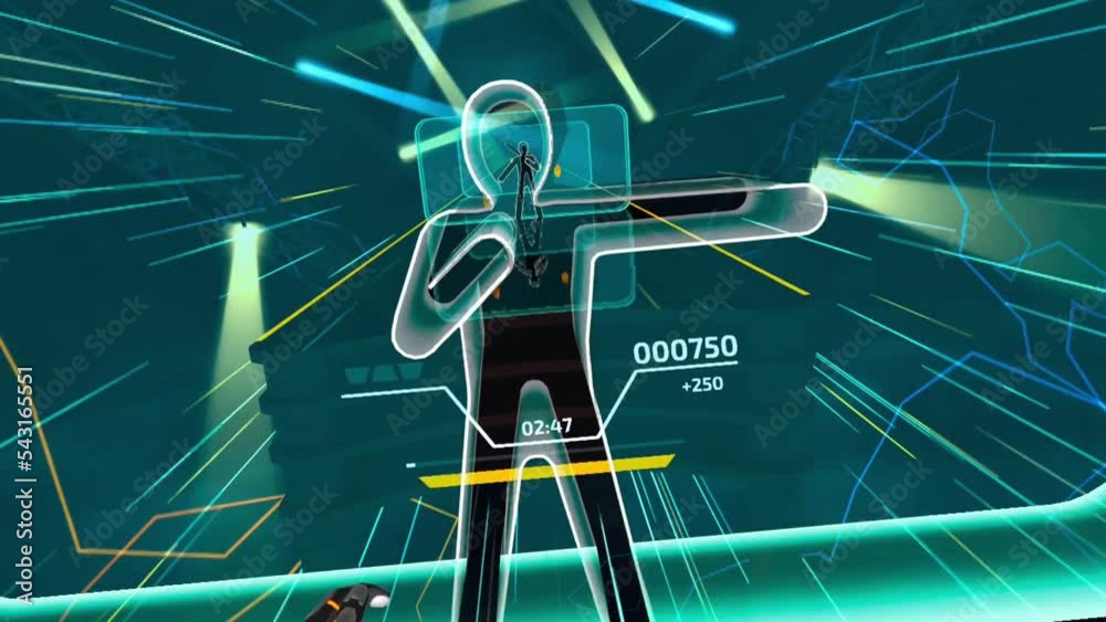 Gameplay of VR dance game in virtual reality glasses. Player must walk ...