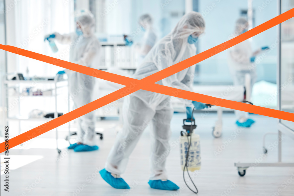 Foto de Covid, warning tape and cleaning team using disinfection spray ...