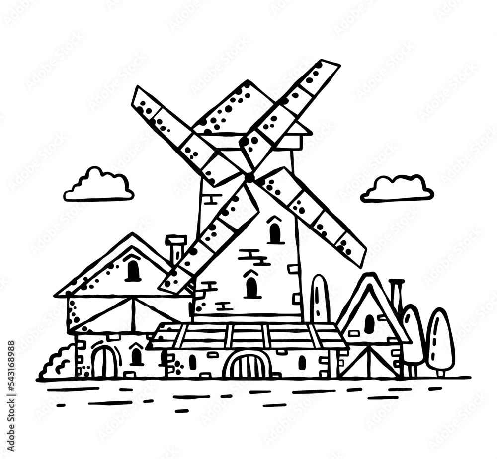 Ancient farm medieval building. Mill for making flour from grain ...