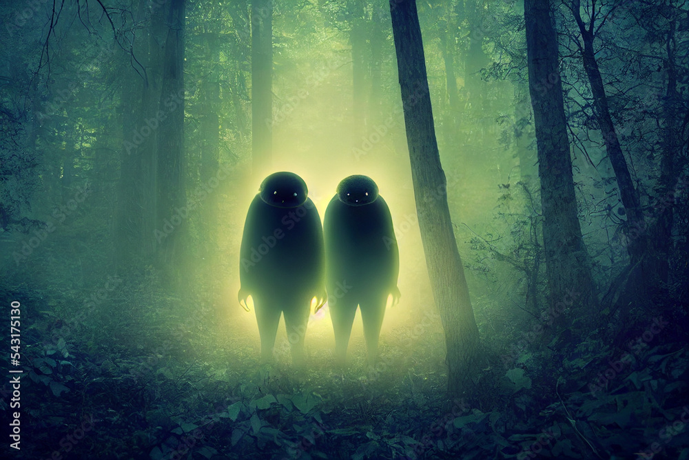 Scary and cute nightmare alien monster in the dark forest. Dangerous ...