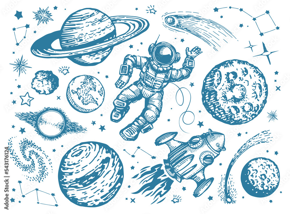 Space with planets, comets, constellations, stars, spaceship and ...