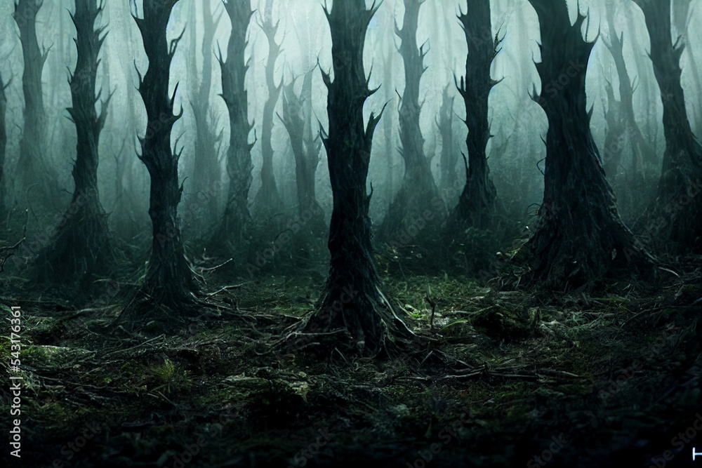 Scary nightmare dark forest. Dangerous magic forest filled with ...
