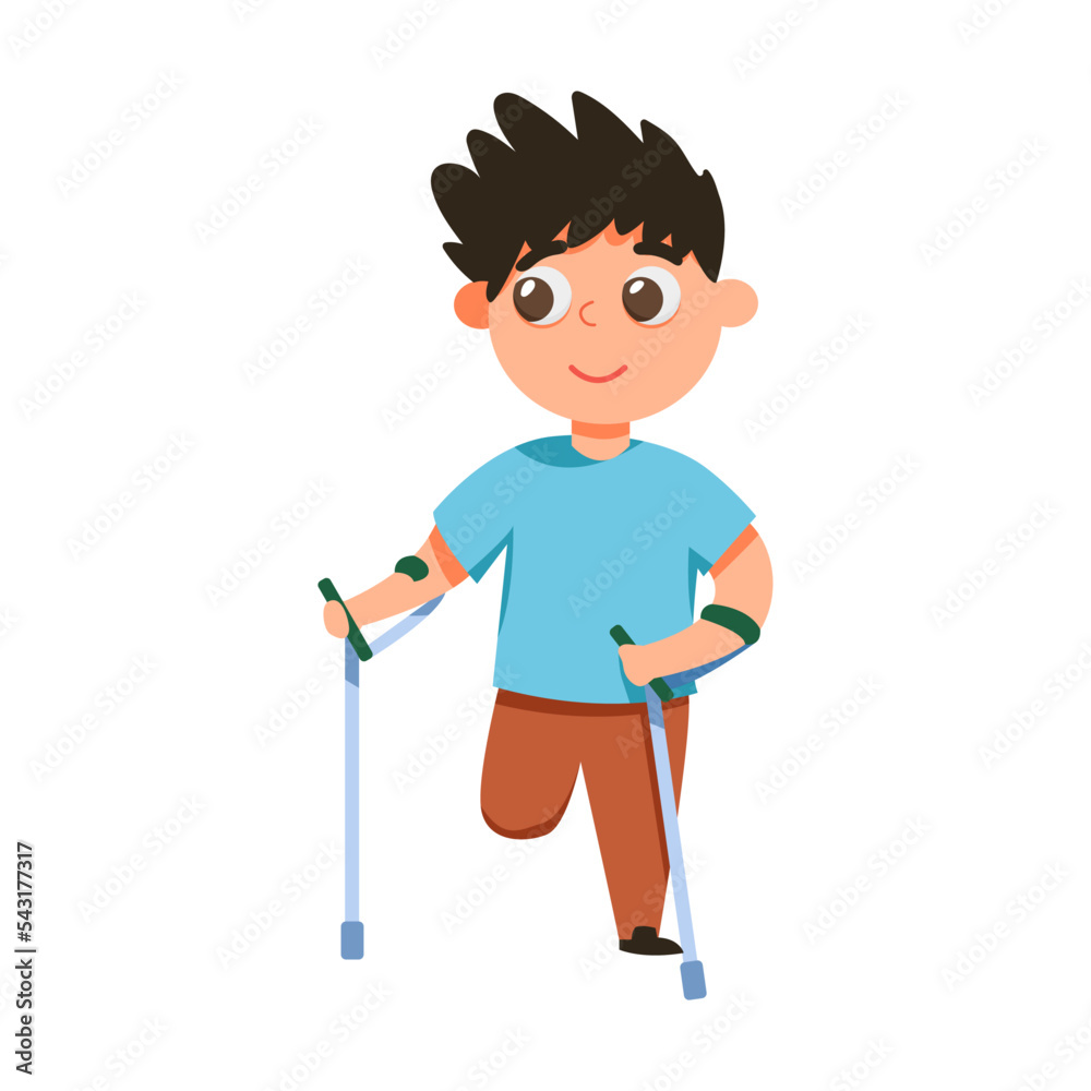Boy without leg on crutches. Kid with disabilities vector illustration ...