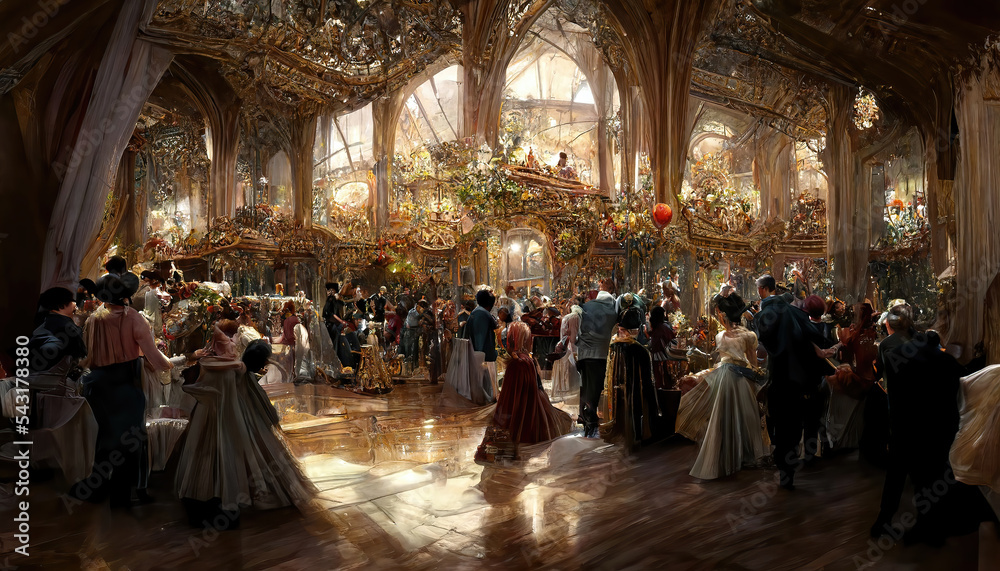 AI generated image of a grand Renaissance Ball in progress. Costumed ...