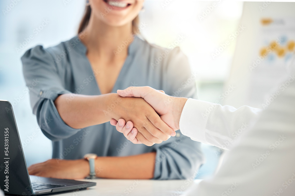 B2b, business meeting and handshake thank you to client for corporate ...