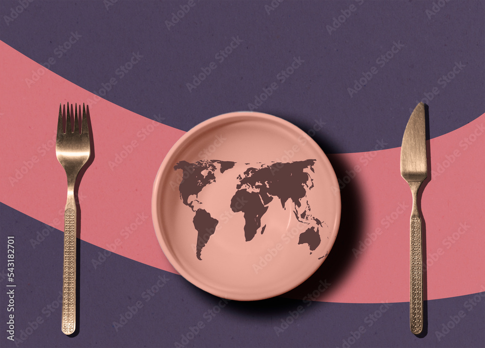 empty plate and cutlery on the background of the world map. Art collage ...