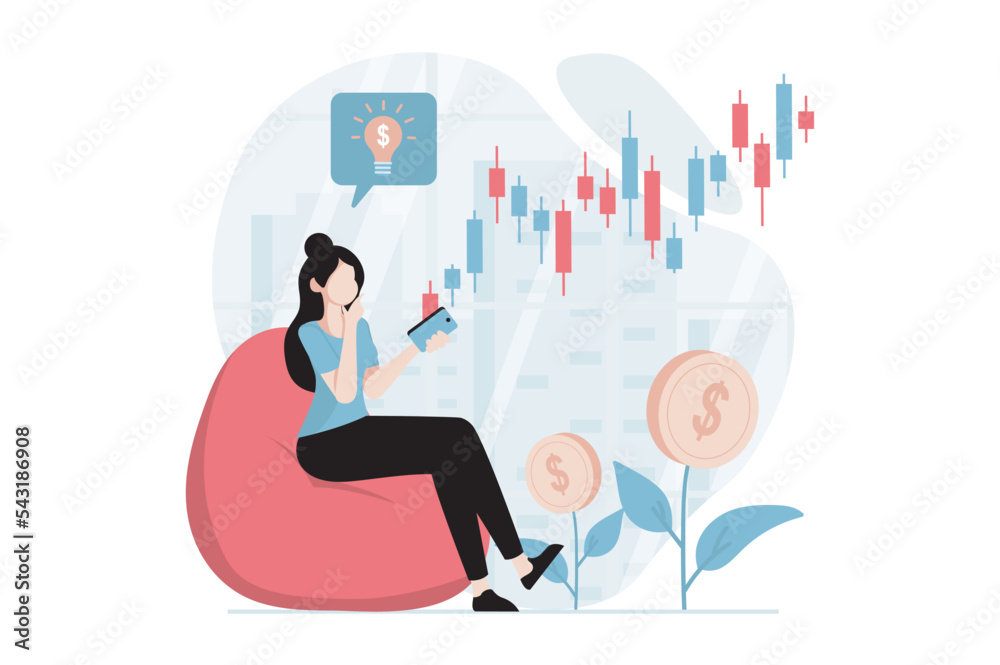 Stock market concept with people scene in flat design. Woman makes ...