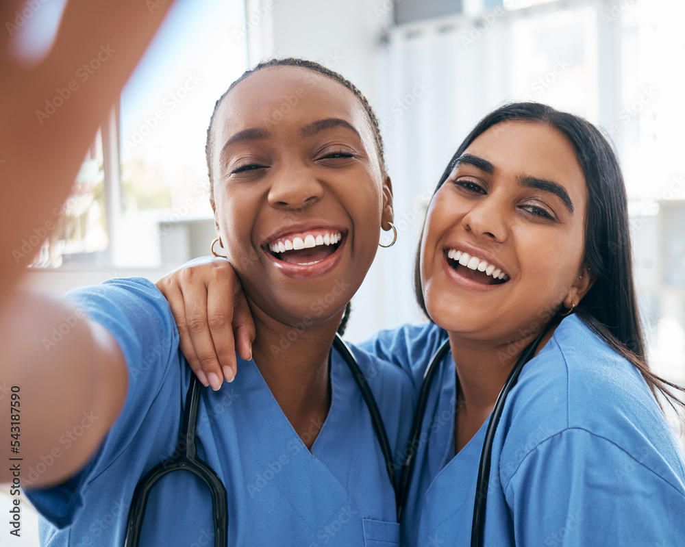 Healthcare, selfie and portrait of doctors working at a hospital, happy ...