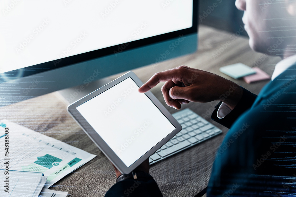 Tablet, computer and mock up businessman hands for digital market ...