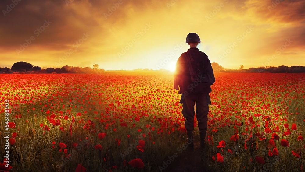 AI generated illustration of a soldier in the poppy field during golden ...