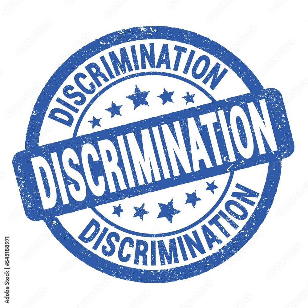 DISCRIMINATION text written on blue round stamp sign. Stock ...