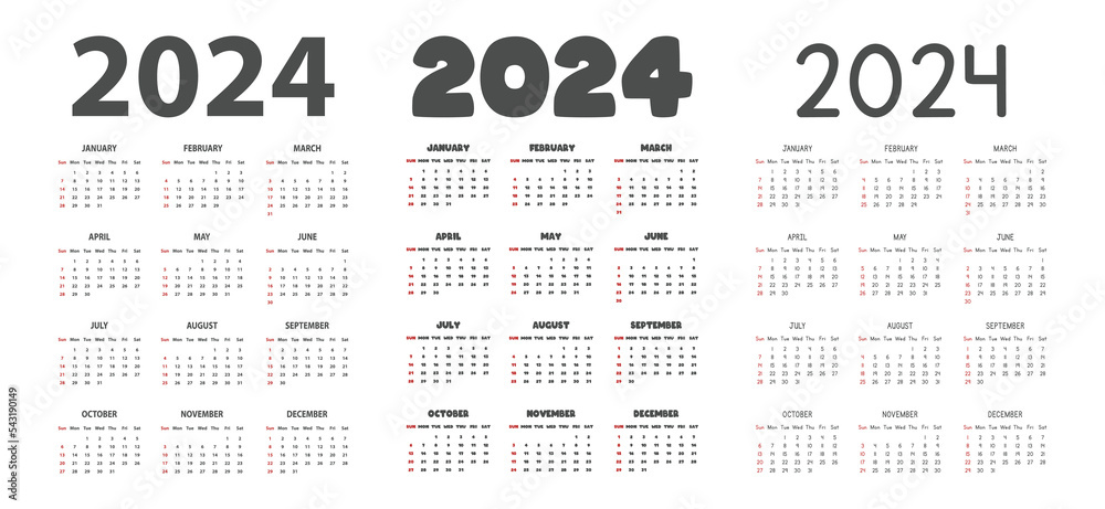 2024 calendar in different fonts style vector illustration. Simple ...