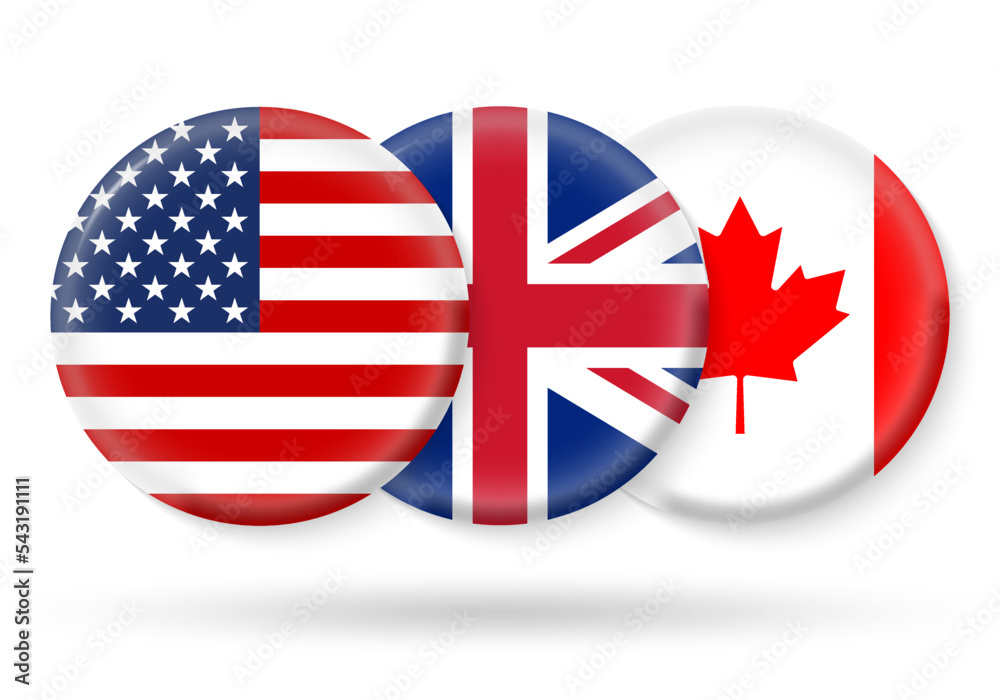 USA, UK and Canada circle flags. 3d icon. Round American, British and ...
