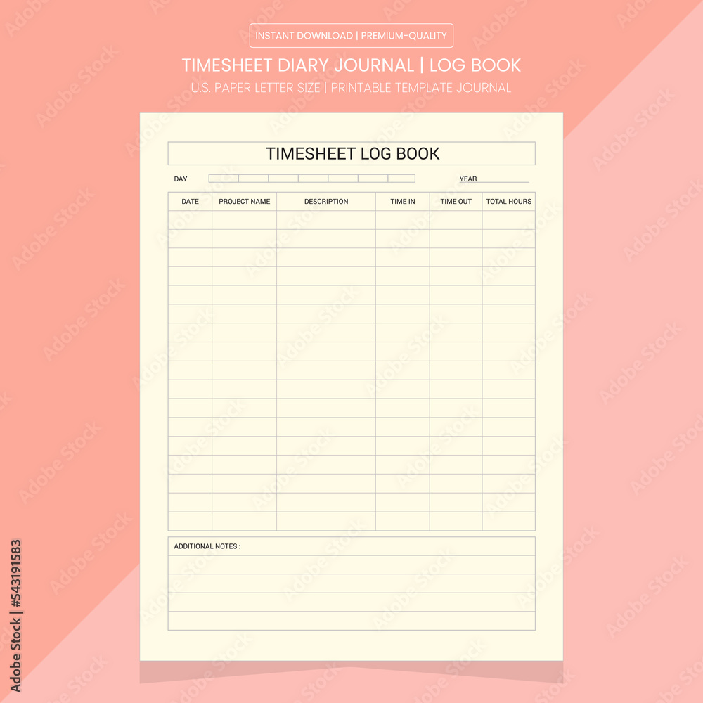 Timesheet Log Book | Timesheet Diary Journal Printable Template Stock ...