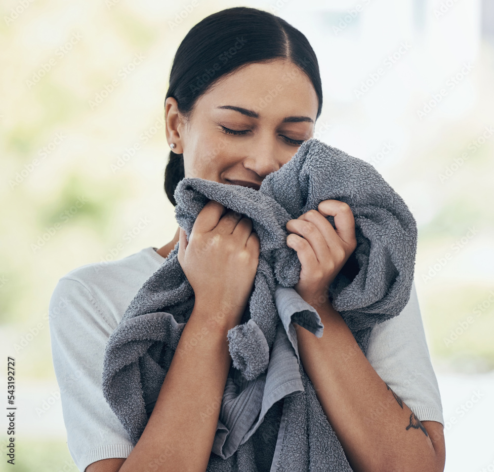 Clean laundry, happy woman and smelling towel, fresh scent and fabric ...