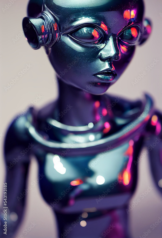 Chrome alien sculpture of a young woman. Reflection on a perfect body ...