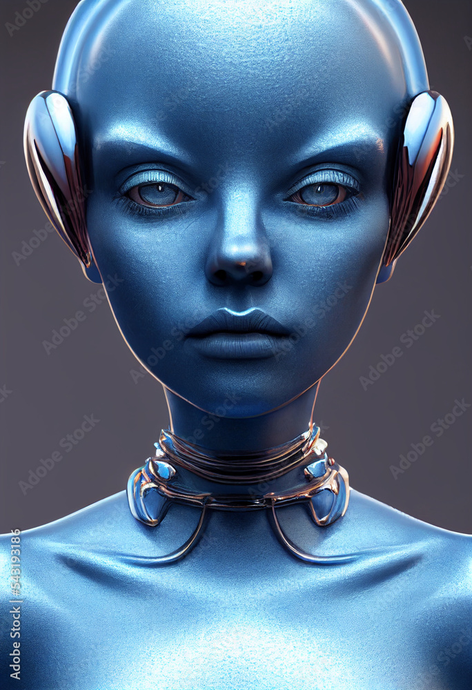 Chrome alien sculpture of a young woman. Reflection on a perfect body ...