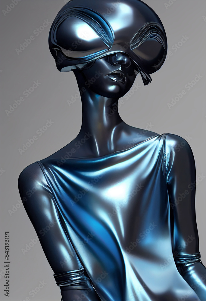 Chrome alien sculpture of a young woman. Reflection on a perfect body ...