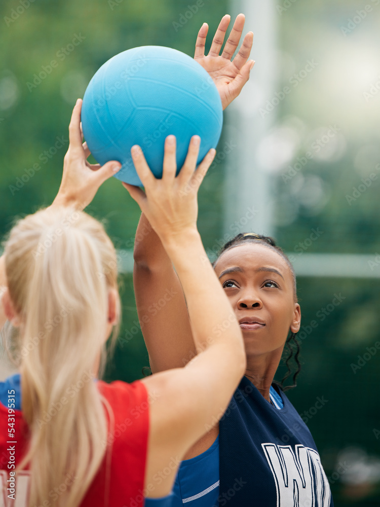 Sport, athlete and competition, netball and fitness outdoor with young ...