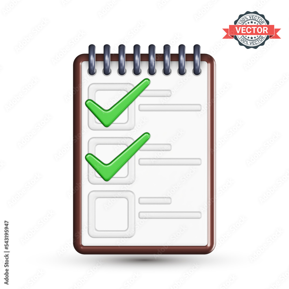 Notepad icon with checklist and green ticks. Realistic 3D vector ...
