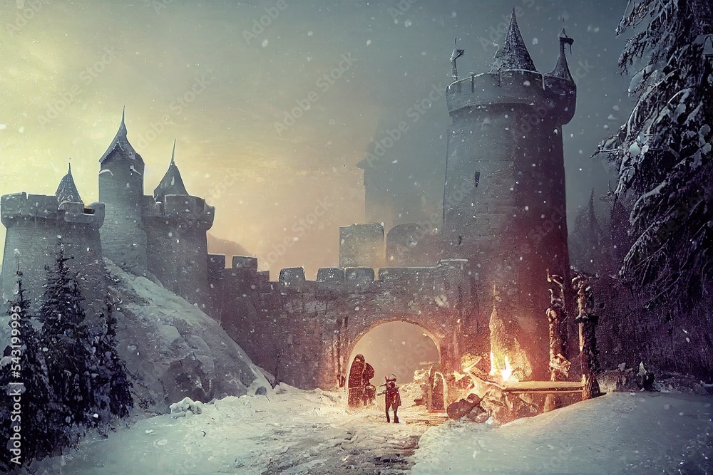 A knight in armor with a huge heavy sword stands guard by the fire in a ...