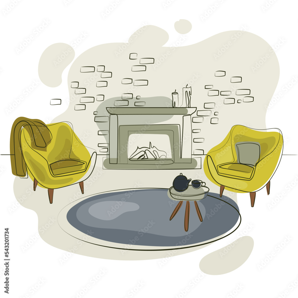 Living room with fireplace and two armchairs and coffee table simple ...