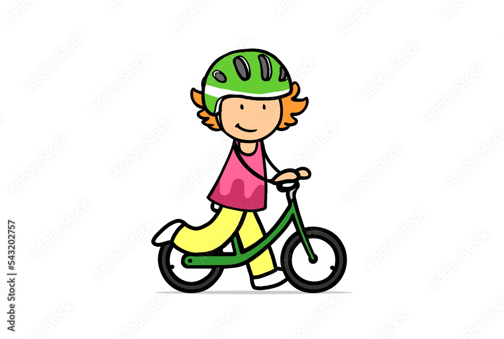 Cartoon kid with balance bike learning to ride with helmet Stock ...