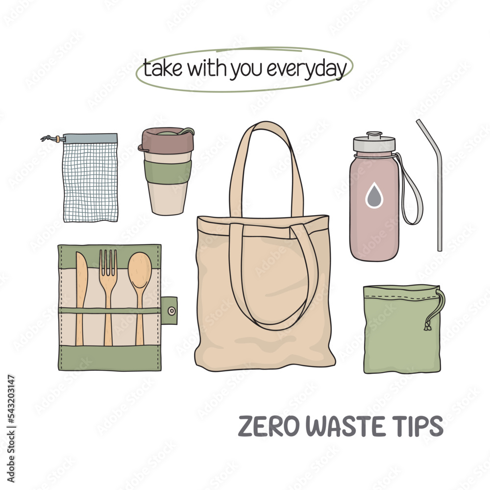 Set of reusable items to take with you every day. Waste reduction tips ...