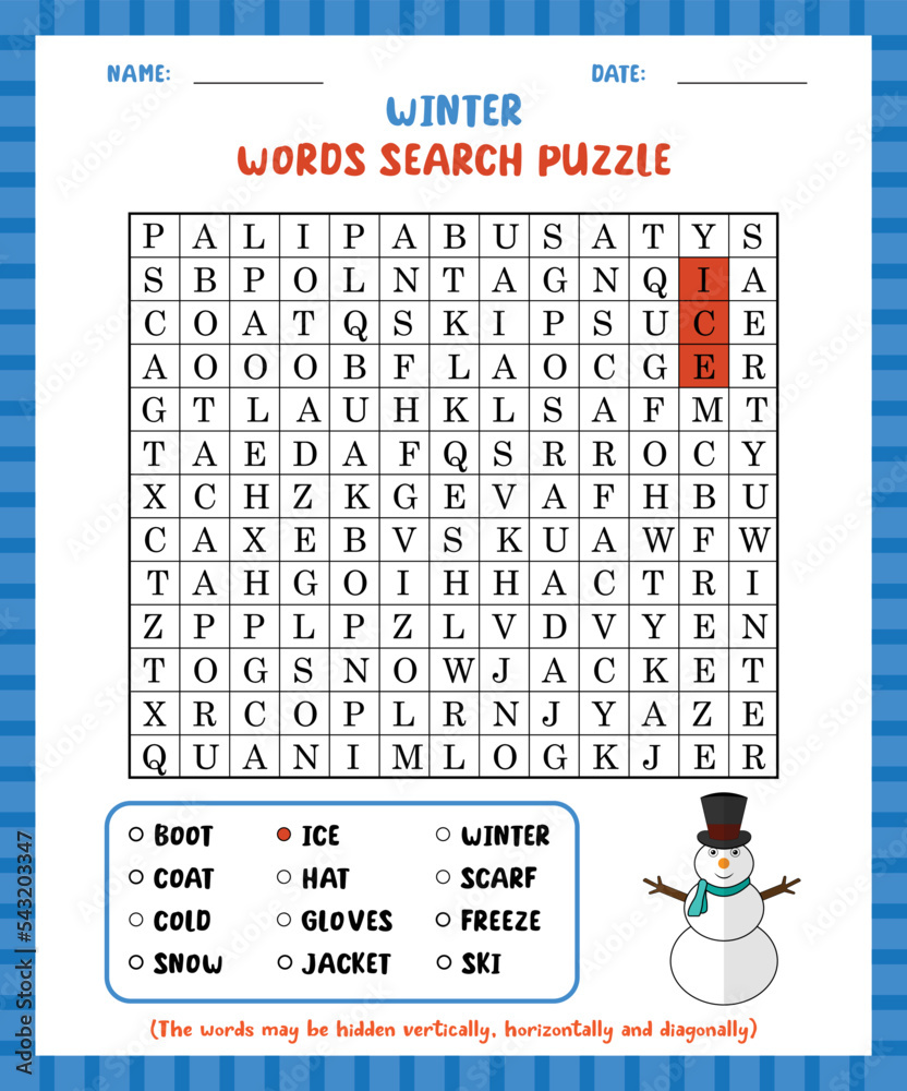 Word search game winter word search puzzle worksheet for learning ...